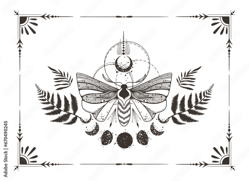Mystical moon phases and night moth clipart in black color elegant ...