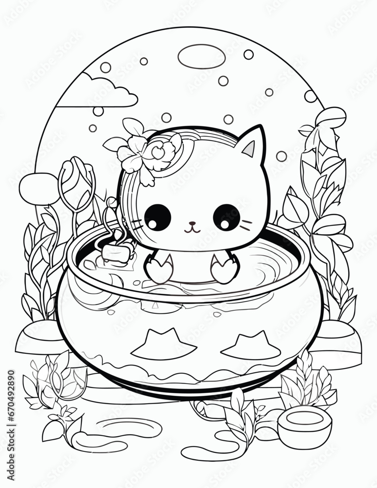 Cute creepy kawaii coloring page for kids with vintage floral, Black ...