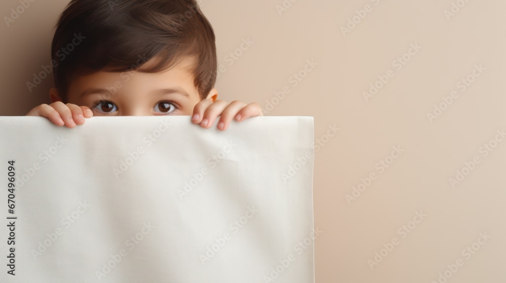 Cute little girl hiding behind a white sheet of paper on a beige ...
