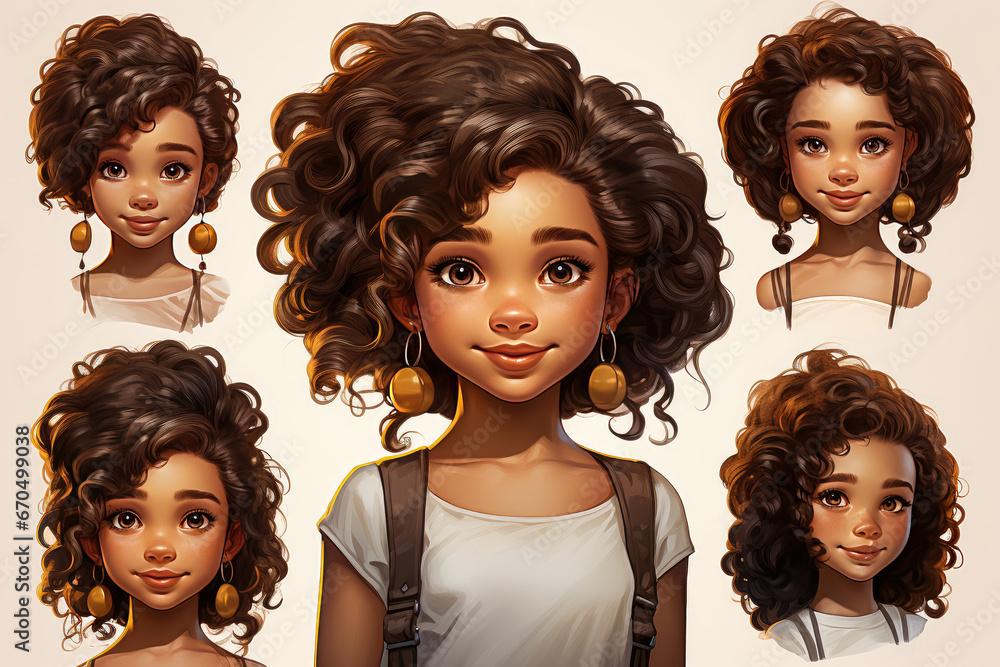 Cute girl in the style of multiple poses while thinking with excitement ...