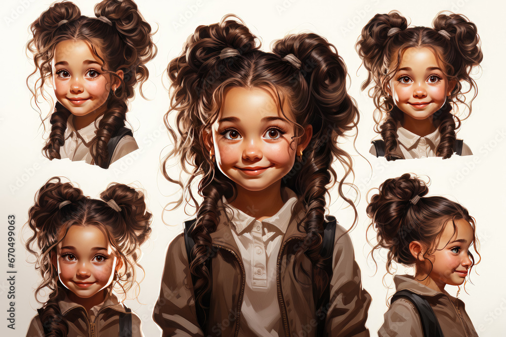 Cute girl in the style of multiple poses while thinking with excitement ...