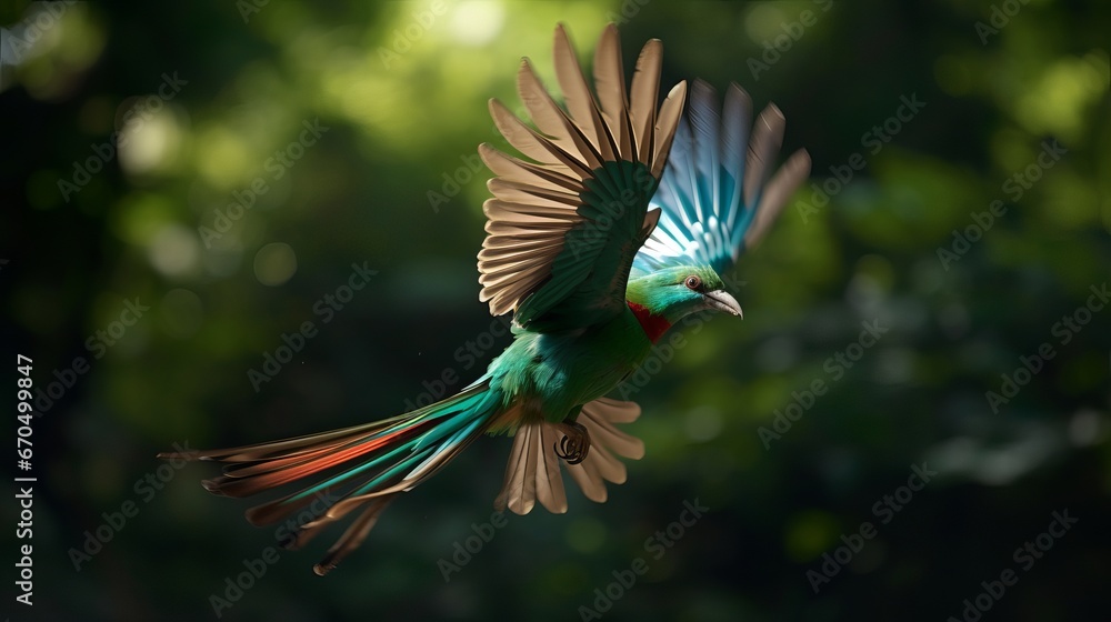 Flying Brilliant Quetzal, Pharomachrus mocinno, with green timberland ...