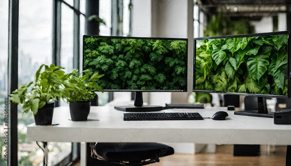 workplaces with computers in a modern loft open office overgrown by ...