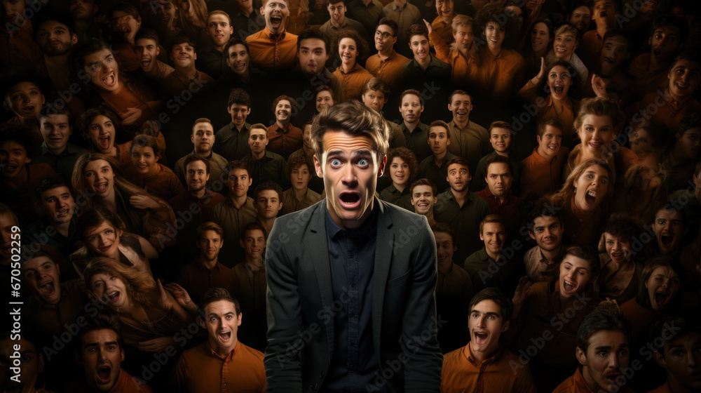 Collage of a man with shocked facial expressionin front of a crowd of ...