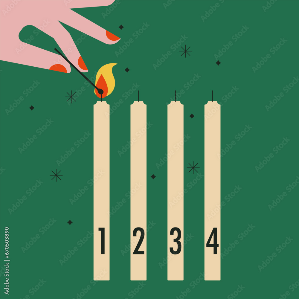 Hand lighting advent candle. Humans hand holding match stick burning ...