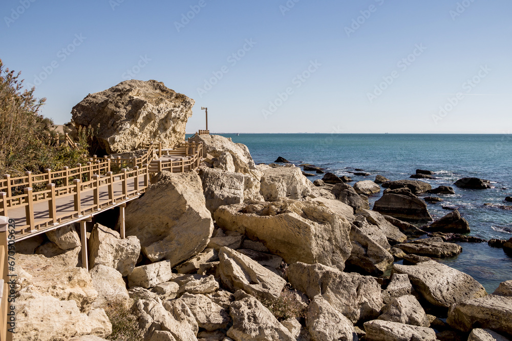 Rock trail along the Caspian Sea in the city of Aktau. A walking path ...