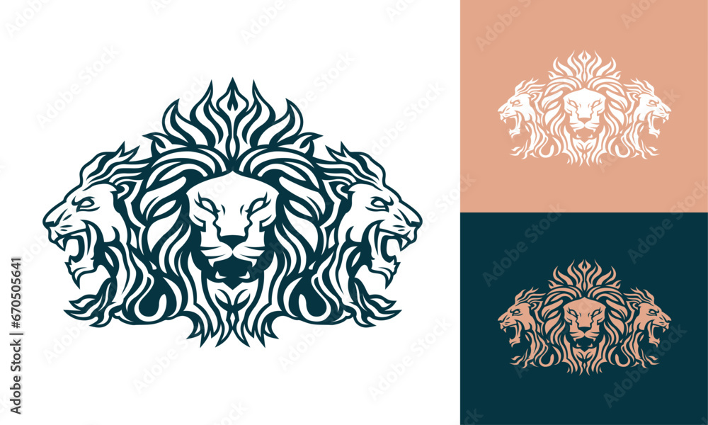 Lion King heads mascot front and side view company logo vector line art ...