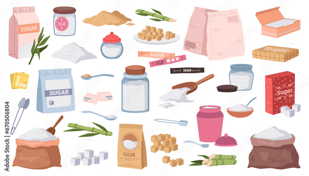 Sugar packets set. Granulated, powder, cubes, sanding sweet sucrose in ...