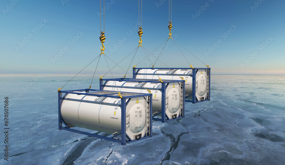 3 tank containers suspended on cables from cranes against the sky. Idea ...