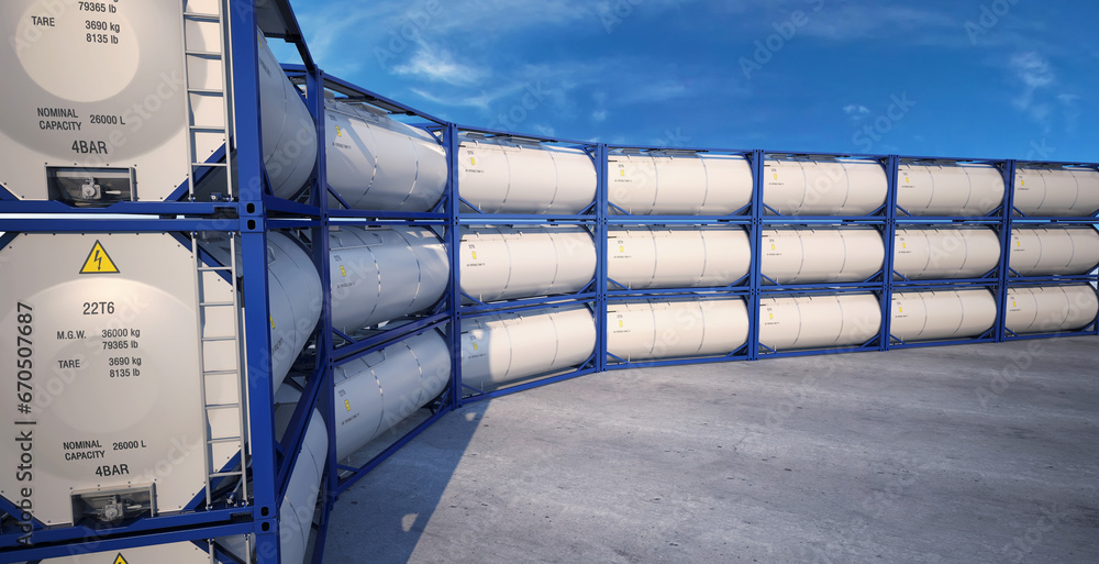 Tank containers with a fuel tank in the logistics area. This image can ...