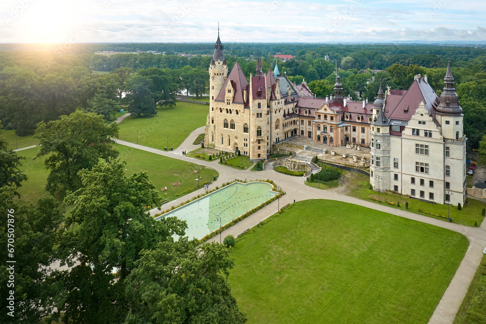 Moszna Castle from above: a fairytale castle with many towers ...