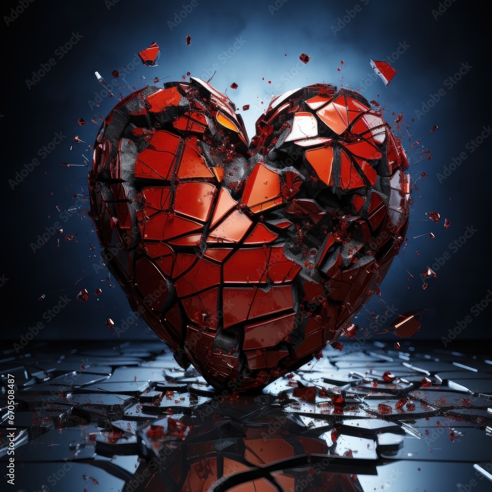 Sad sensational celebration of cracked and broken love symbols on a ...