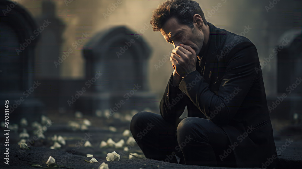 Christian man crying next to a grave with a headstone for a deceased ...