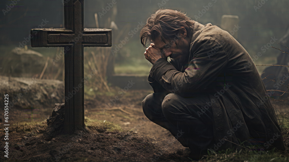 Christian man crying next to a grave with a headstone for a deceased ...