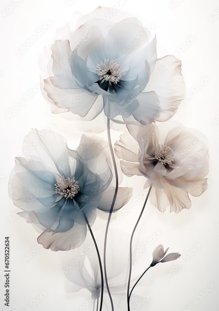 background with transparent x-ray flowers. Botanical design ink for ...