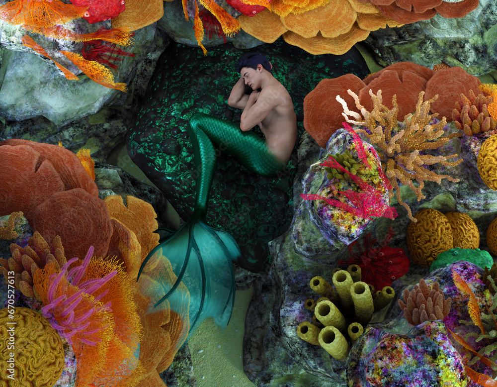 3D render: a fantasy merman creature character is sleeping on the rock ...