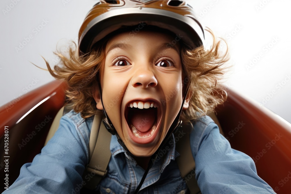 boy with open mouth and speed face. He wears a helmet and is happy ...