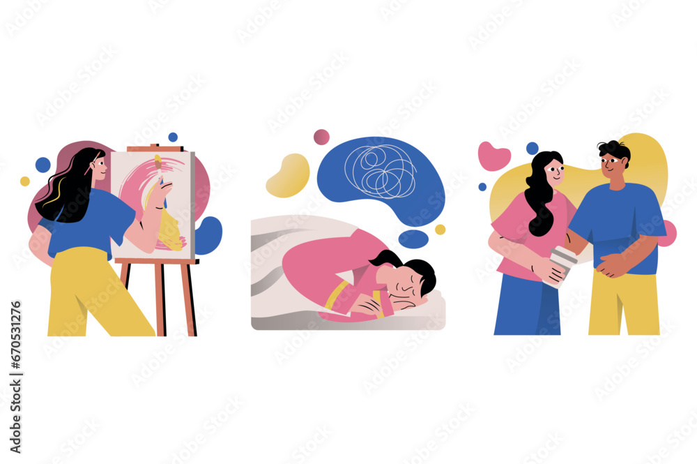 Set concept Mental health with people scene in the flat cartoon design ...