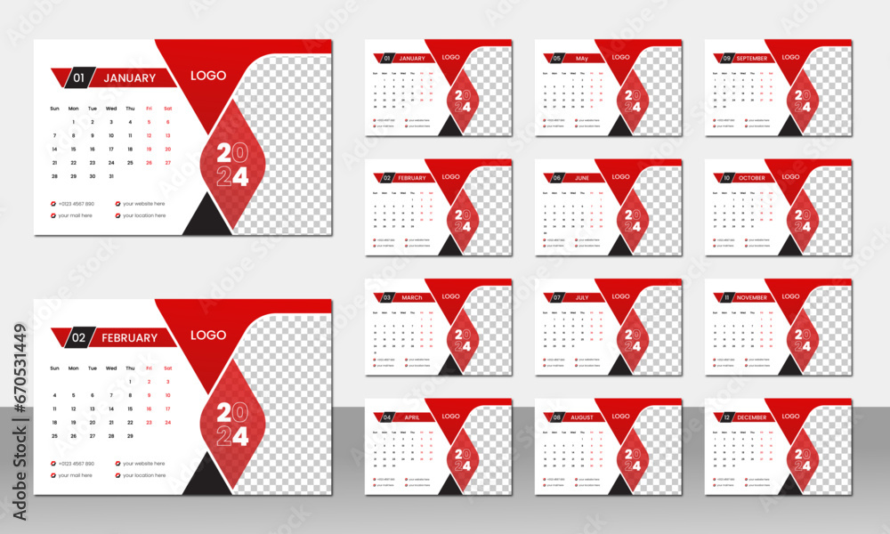 wall Calendar 2024, wall calendar design template for 2024, clean and ...