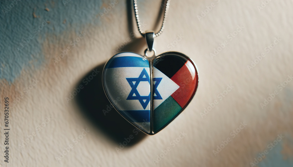 Israel and Palestine National Flags Heart-Shaped Pendant against a soft ...