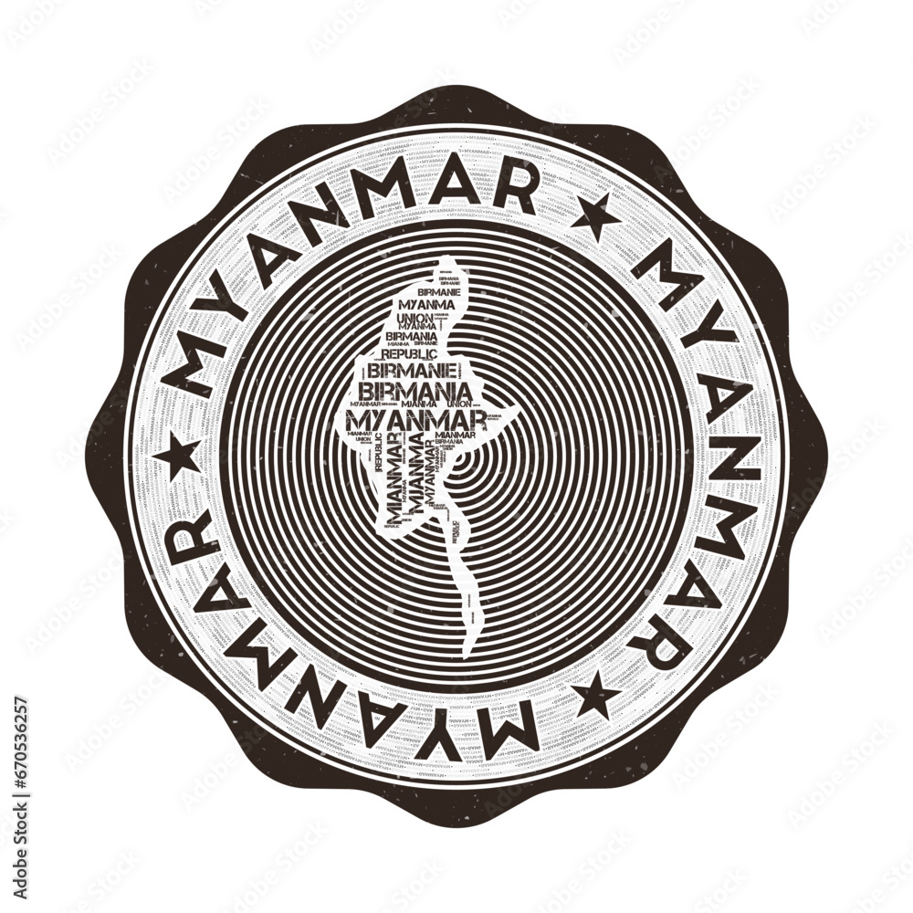 Myanmar seal. Country round logo with shape of Myanmar and country name ...