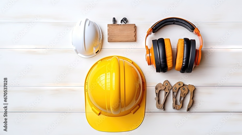 Standard construction safety equipment on white wooden background. top ...