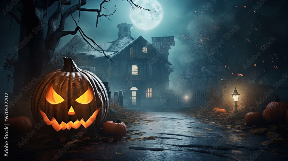 Digital art of Halloween spooky background, scary lantern pumpkin face ...
