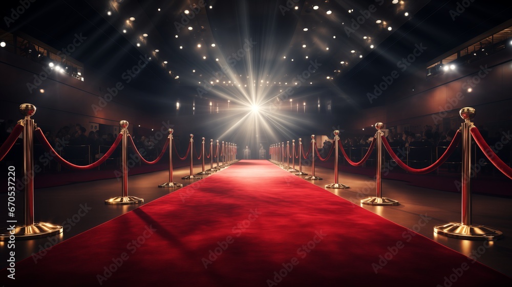 Red carpet rolling out in front of glamorous movie premiere. Stock ...