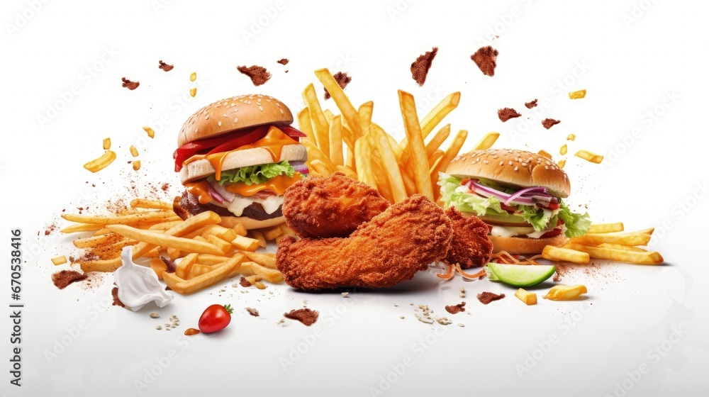 flying fast food dishes isolated on white abstract background. floating ...