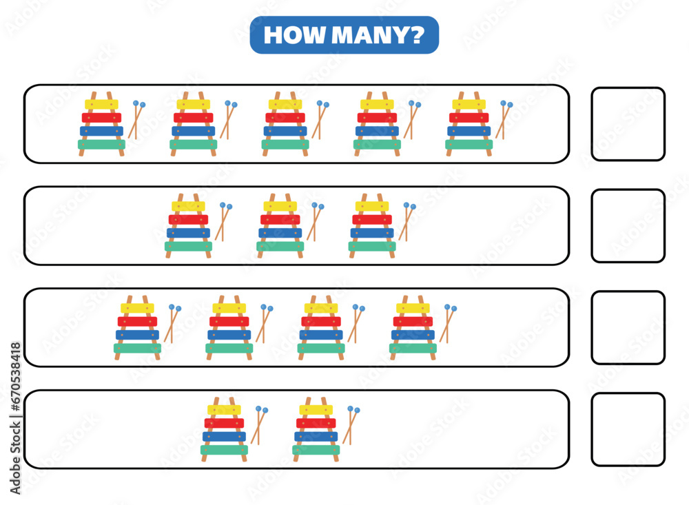 How many xylophone are there? Educational worksheet design for children ...