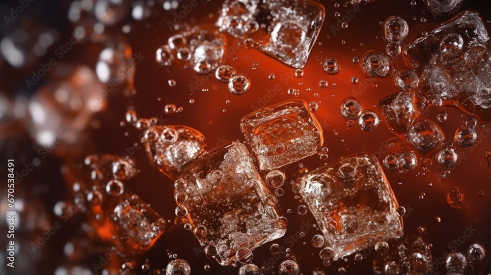 macro cola,Detail of Cold Bubbly Carbonated Soft Drink with Ice,Close up view of the ice cubes ...