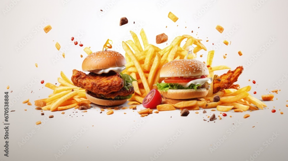 flying fast food dishes isolated on white abstract background. floating ...