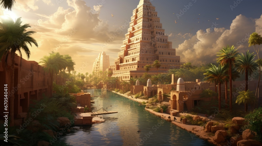 Ancient city of Babylon with the tower of Babel, bible and religion ...