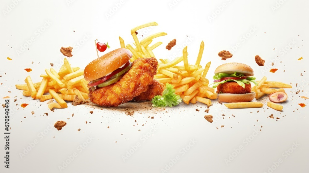 flying fast food dishes isolated on white abstract background. floating ...