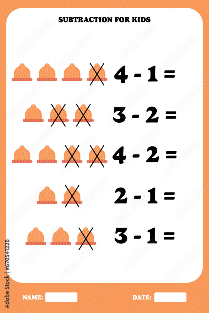 Subtraction page for kids. Educational math game for children with hat ...
