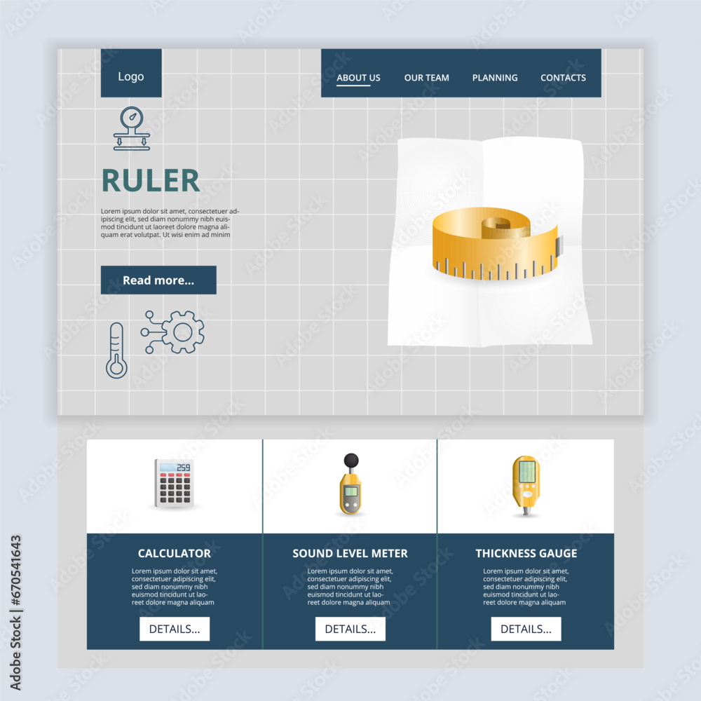 Ruler flat landing page website template. Calculator, sound level meter ...