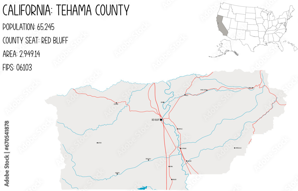 Large and detailed map of Tehama County in California, USA. Stock ...