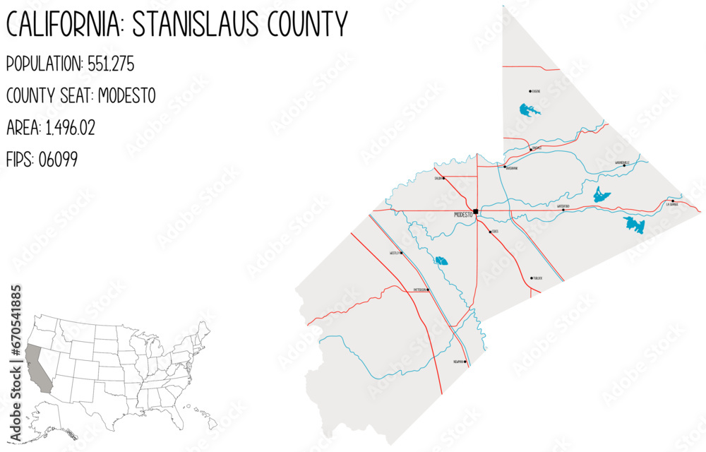 Large and detailed map of Stanislaus County in California, USA. Stock ...