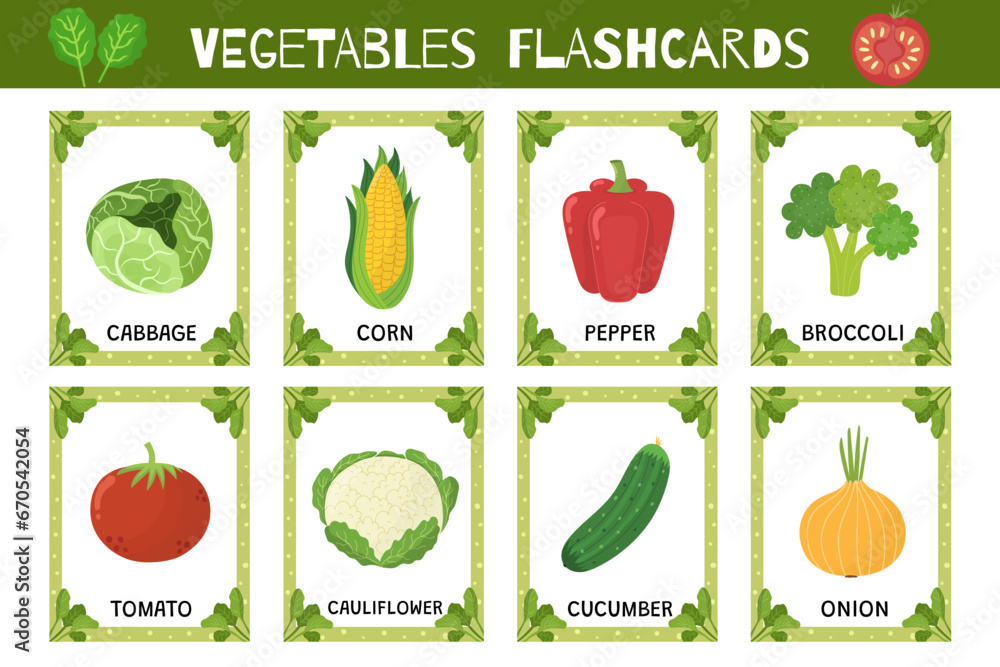 Vegetables flashcards set. Flash cards collection for practicing ...