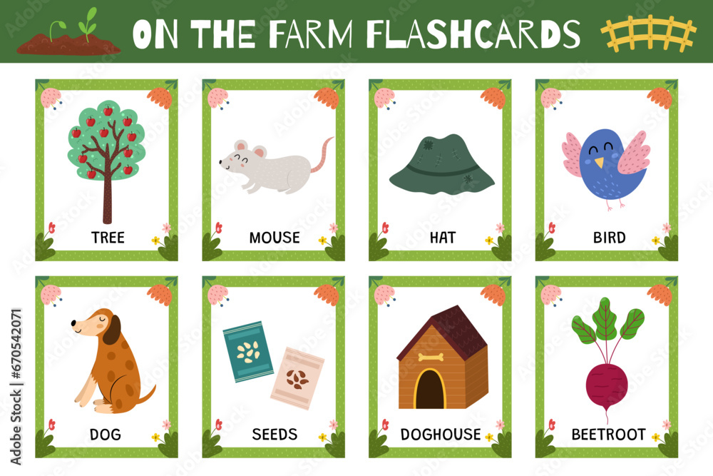 Farm flashcards collection with cute characters and other agriculture ...