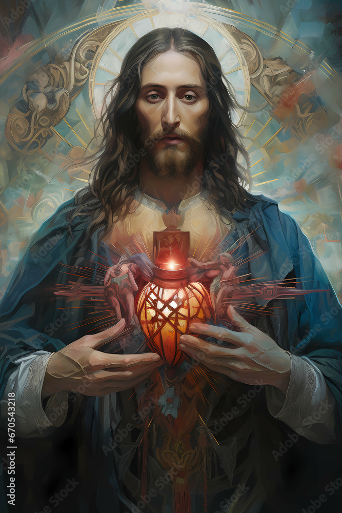 Jesus holding sacred heart glowing red and yellow in blue and gold robe ...