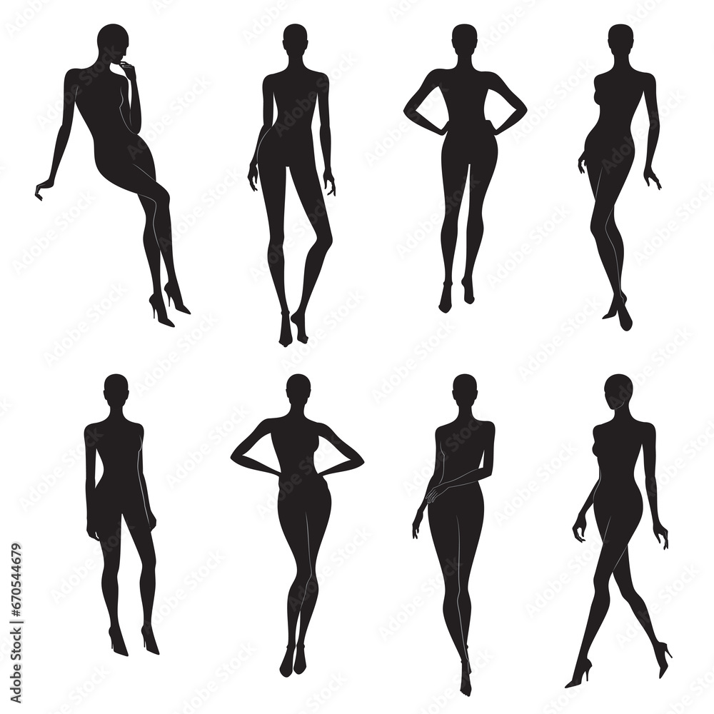 Vector set of women body silhouettes in different poses, in black color ...