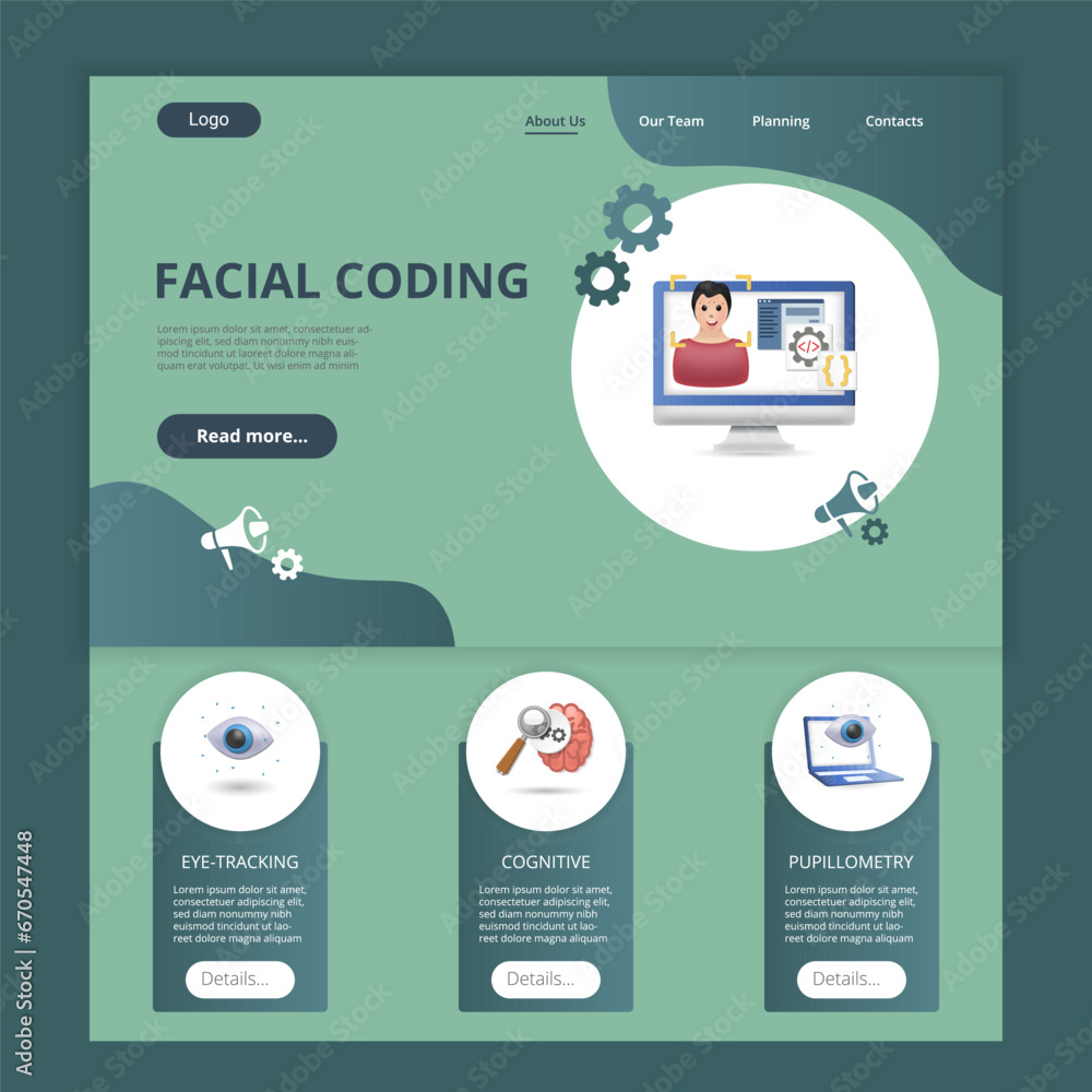 Facial coding flat landing page website template. Eye-tracking ...