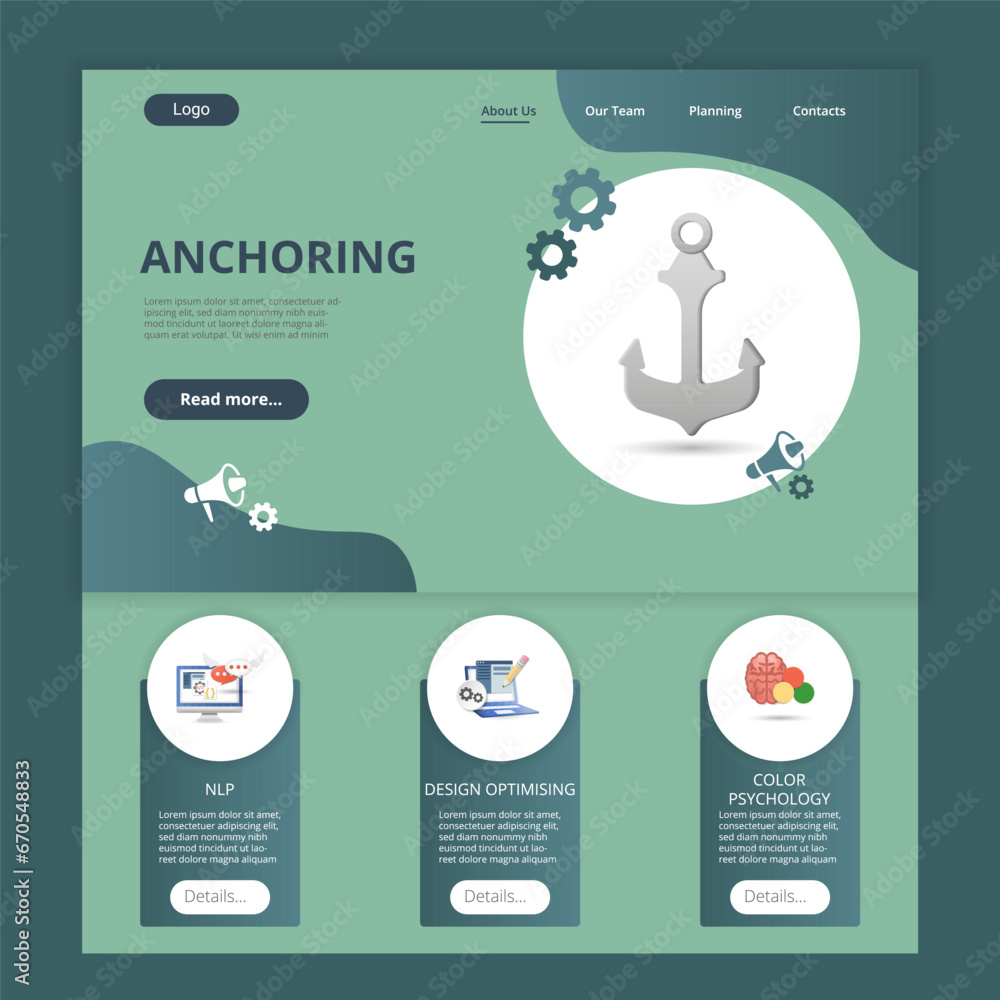 Anchoring flat landing page website template. NLP, design optimising, color psychology. Web ...