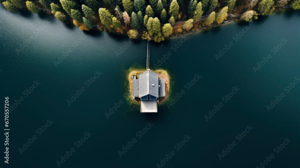 Dark blue lake with boardwalk to a house and forest on top view ...