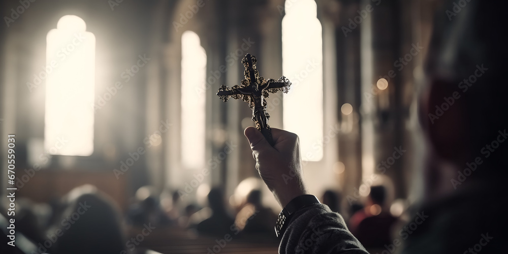 Hand holding a cross in church during prayers, Mass in the Catholic ...