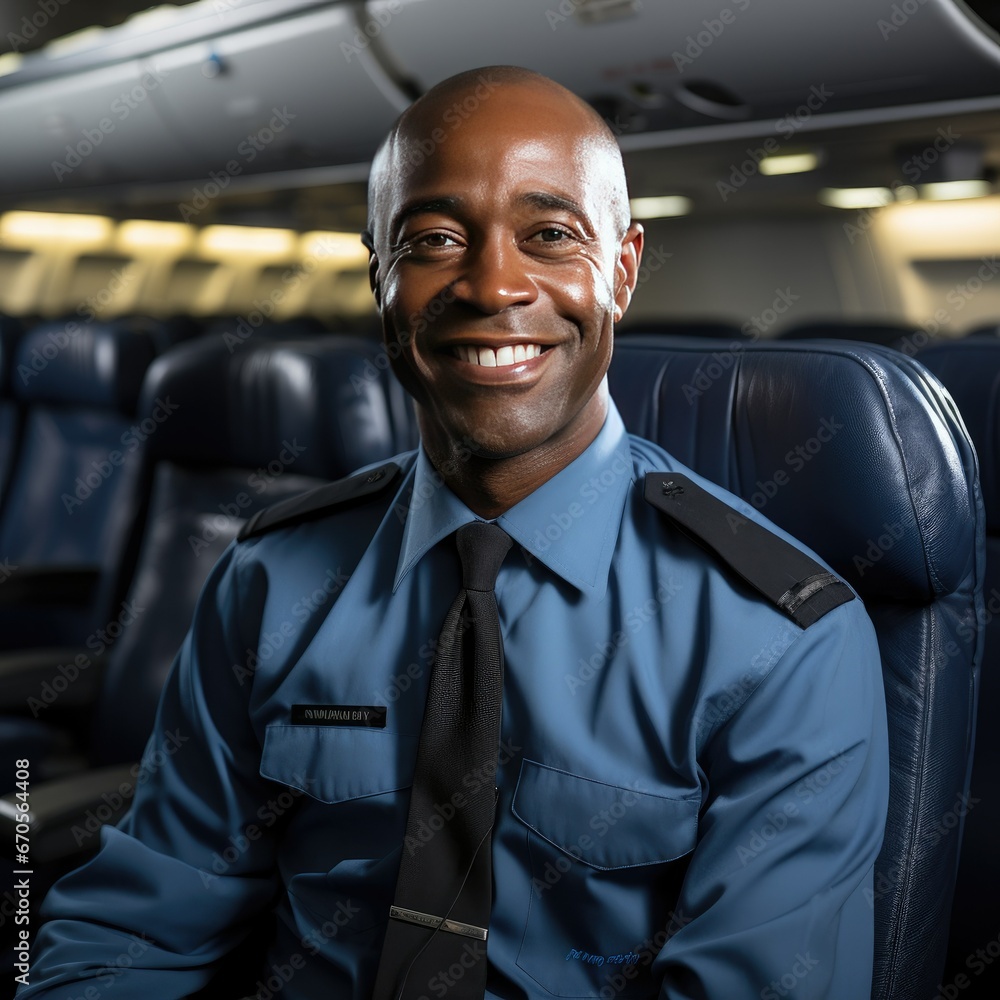 Distinguished Black Flight Attendant Sitting onboard empty flight Stock ...