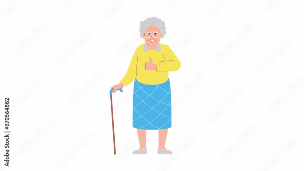 Happy elderly woman standing and showing thumb up. Character Animation ...