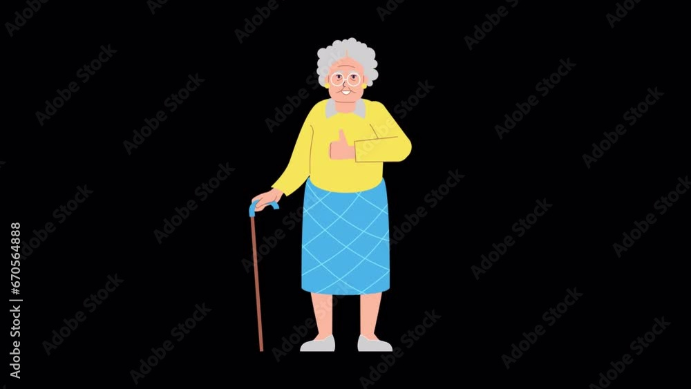 Happy elderly woman standing and showing thumb up. Character Animation ...
