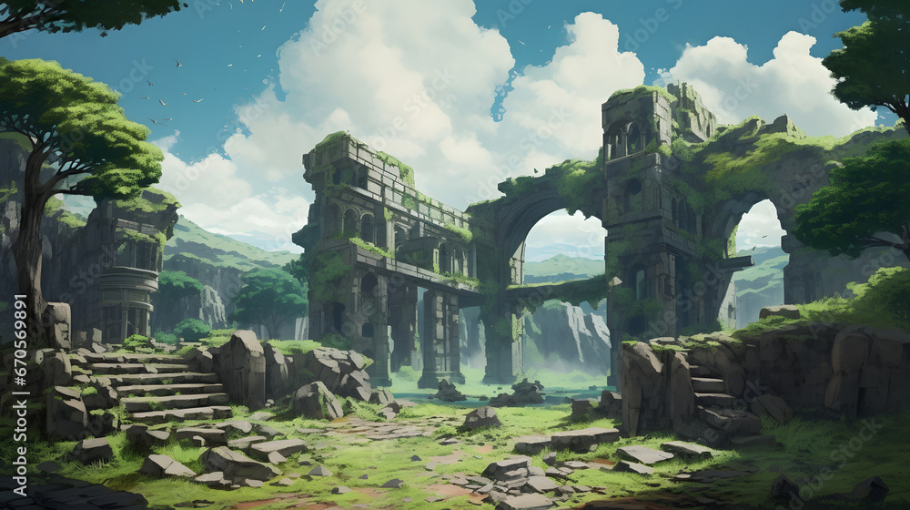 Ancient ruins in a dramatic natural setting, anime style, nature ...